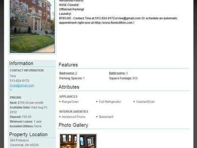 $765 / 2br Pre Leasing for August 2012 384 Probasco CLIFTON