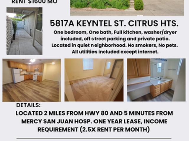 1 BR, 1 BA Apartment 5817 A Keyntel Street, Citrus Heights, CA 95621
