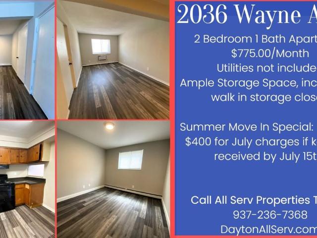 2 Bedroom Apartment for Rent at 2036 Wayne Ave #C, Dayton, OH 45410 Walnut Hills