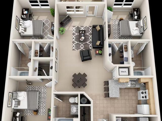 2 Bedrooms with Private Baths Available in 3x3