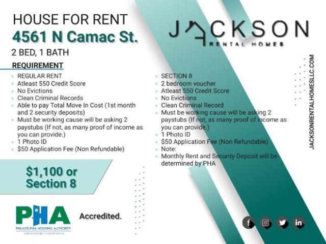 2 Br, 1 bath, Single Family 4561 North Camac Street