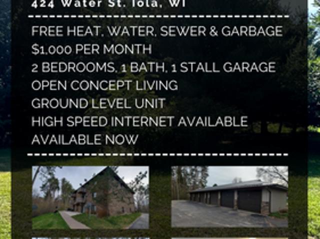 2 BR, 1 BA Apartment 424 Water St, Unit A, Iola, WI 54945