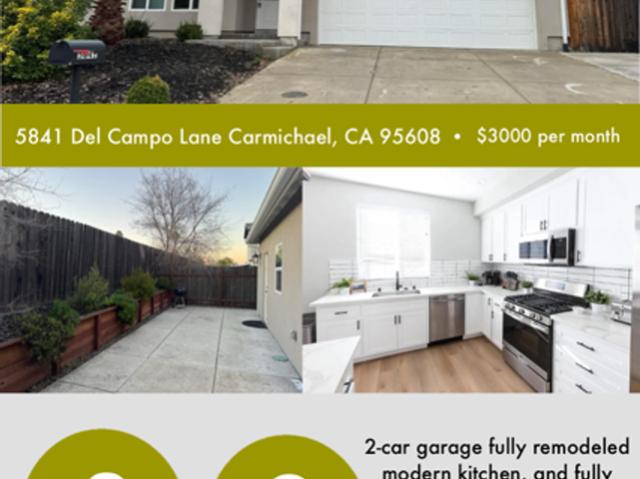 3 Bedroom Home for Rent at 5841 Del Campo Ln, Carmichael, CA 95608
