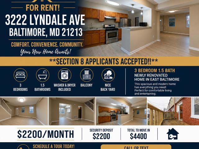 3 Bedroom Home for Rent at 3222 Lyndale Ave #1, Baltimore, MD 21213 4X4