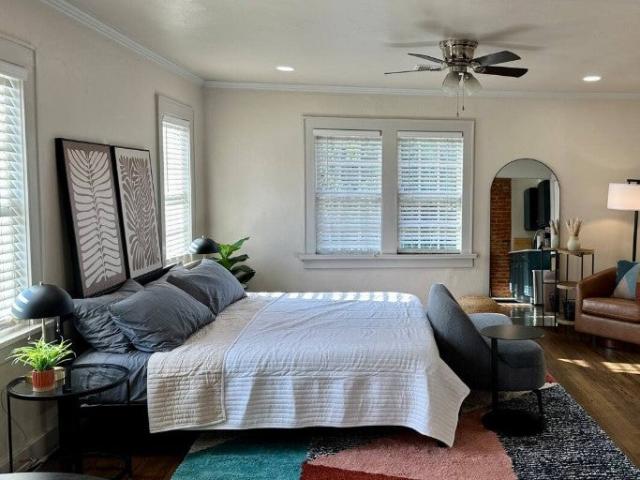 The apartment features a fully stocked kitchen