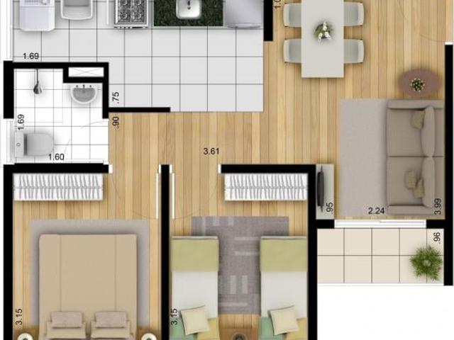 Vistta Vila União Apto 48,45 2 Dorms,Sala,Cozinha,Banheiro,Varanda