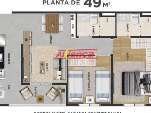 AP. NOVO 2 DORM,SENDO 1 SUITE À VENDA, 49,89 M² VILA AUGUSTA GUARULHOS/SP