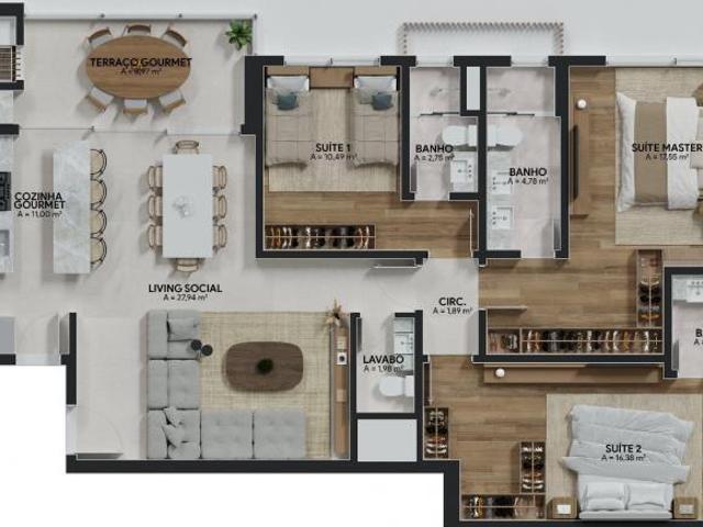 Apartamento 130m² privativos 3 suítes 1 suíte master Villa Izabel