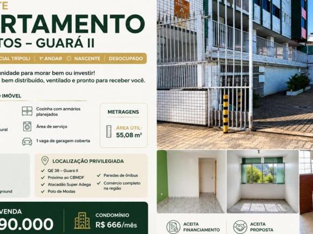 Apartamento 2 Quartos 55m² Guará II QE 38 Residencial Trípoli 1º Andar Nascente Garagem Coberta