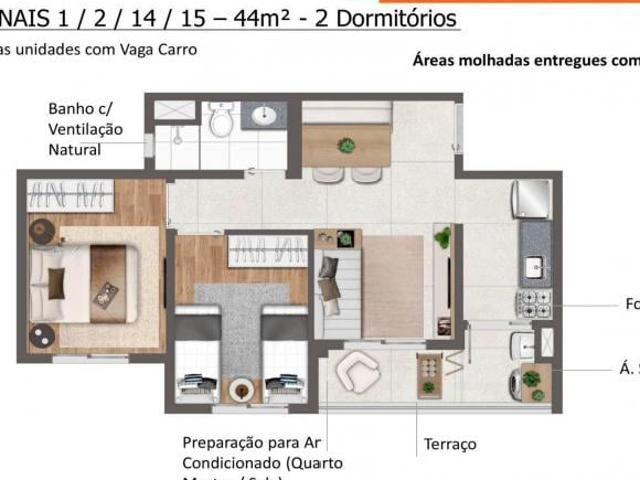 Apartamento a venda no Butantã, São Paulo.SP, com 44,42 m² de área construida, 2 dormitórios, 1 vg p