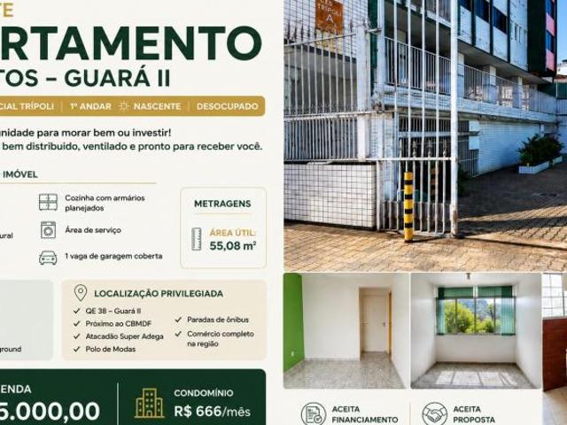 Apartamento à Venda no Guará II QE 38, 2 Quartos 55m², Nascente, 1º Andar, Garagem Coberta