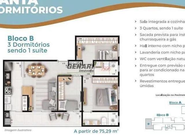 Apartamento à venda no Residencial Vila Bela, com 3 quartos sendo 1 suíte em Indaiatuba, SP