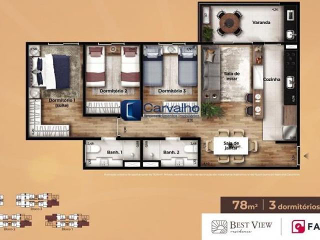 Apartamento a venda com três dormitórios sendo um suíte, com 78m² no Swiss Parc