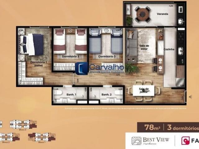 Apartamento a venda com três dormitórios sendo um suíte, com 78m² no Swiss Parc
