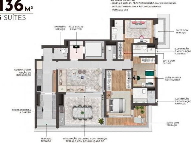 Apartamento com 3 Quartos e 5 banheiros à Venda, 136 m²