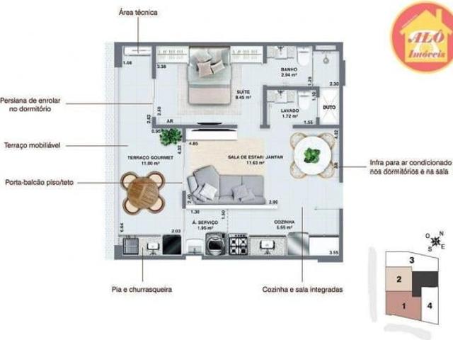 Apartamento com 2 quartos à venda, 48 m² por R$ 448.296 Vila Guilhermina Praia Grande/SP