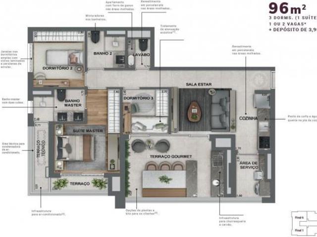 Apartamento com 96 m²,2 vagas demarcadas com 3 Suítes, com Depósito de 3,90 m²