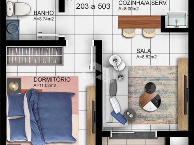 Apartamento de 01 dormitório com suíte, sacada e churrasqueira à venda no bairro Camobi em Santa Mar
