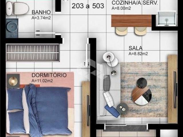 Apartamento de 01 dormitório com suíte, sacada e churrasqueira à venda no bairro Camobi em Santa Mar