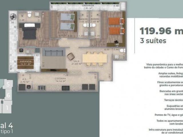 Apartamento em construção no Canto do Forte 3 suítes entrada de 149.403  119,96 m² por 996.000  l