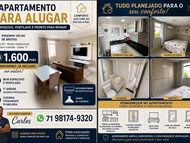 Apartamento para Locação em Salvador/BA Engenho Velho de Brotas 2 Quartos
