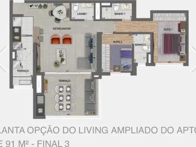 Apartamento para venda possui 91 metros quadrados com 3 quartos