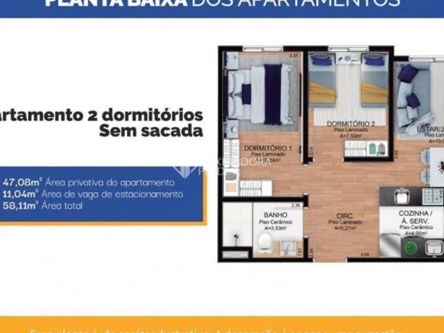 Apartamentos com sala estar/jantar, dois dormitórios, cozinha e área de serviço. Uma vaga para carro