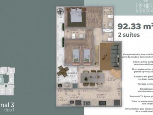 Apto de 2 Dorm c/2 suítes, SACADA GOURMET, 2 VAGAS PRIVATIVAS. 92 m² de área útil. Bairro  Canto do