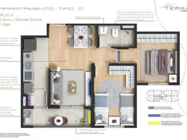 Apto 48,69m2 2 Dorms, Sala, Cozinha, Banheiro, Varanda Gourmet, ?Academia ?Beach tennis ?Bic