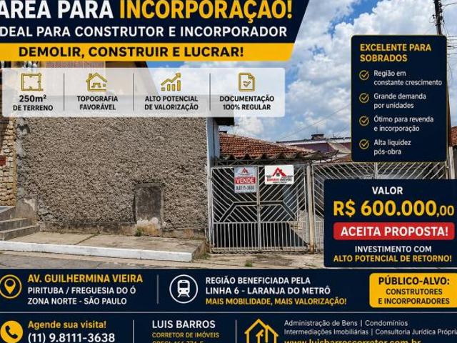 ÁREA PARA INCORPORAÇÃO INVESTIMENTO RENDA – OPORTUNIDADE NA ZONA NORTE OESTE DE SÃO PAULO