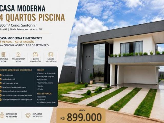 Casa Moderna 4 Quartos 2 Suítes Piscina 500m² Cond. Santorini Rua 01 26 de Setembro DF