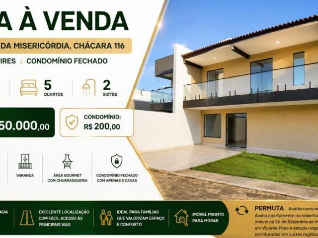 Casa à Venda em Vicente Pires | 5 Quartos | 2 Suítes | Lote 300m² | Condomínio Fechado