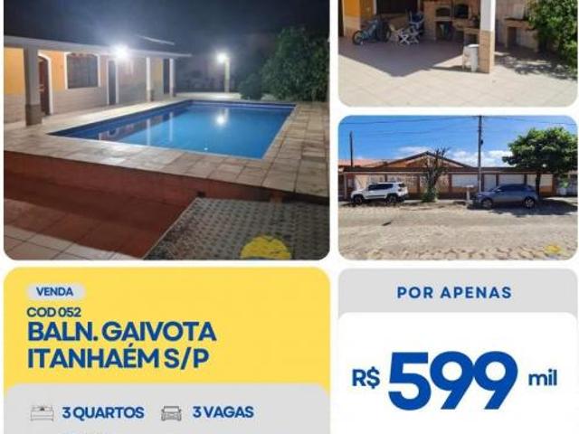 Casa para Venda em Itanhaém, Gaivota, 3 dormitórios, 1 suíte, 2 banheiros, 4 vagas