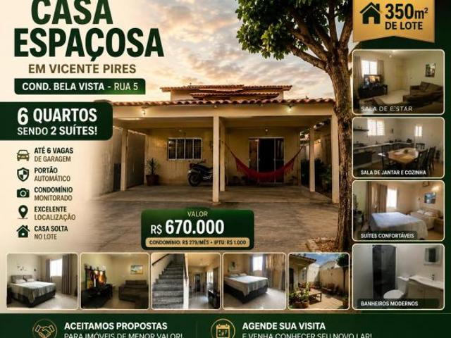 Casa 6 Quartos Vicente Pires Rua 5 350m² 2 Suítes Condomínio Bela Vista 6 Vagas