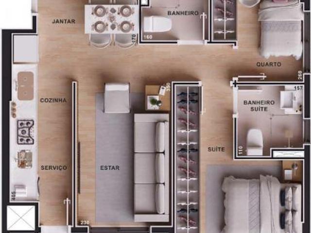 Centro Apart. 2 Quartos sendo 1 suite Churrasqueira 1 vaga 52,52m²