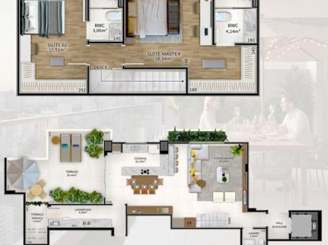 Cobertura duplex no Batel 2 suites amplas 2 vagas 168m2