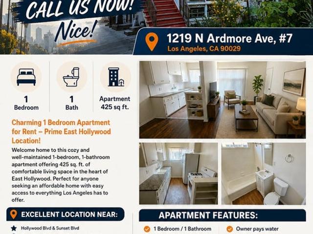 East Hollywood 1BR for RENT! Call us now! Nice!