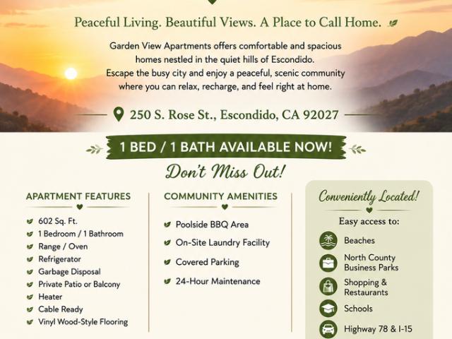 Experience comfortable living in a scenic setting at Garden View Apartments! 1 Bedroom Apartment for Rent at 250 S Rose St, Escondido, CA 92027 Midway
