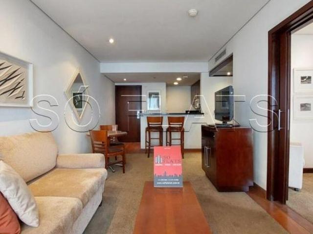 Flat mobiliado 60m² no Itaim Bibi George V, 1 suíte com hidro, varanda e 1 vaga