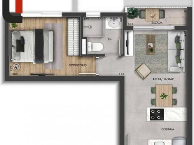 Hall Design Apto 34m² 1 quarto c/ sacada no Centro Cívico