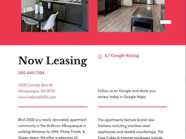 Live at the BLVD 2500! New, beautiful and best location! 1 Bedroom Apartment for Rent at 2500 Carlisle Blvd Ne, Albuquerque, NM 87110