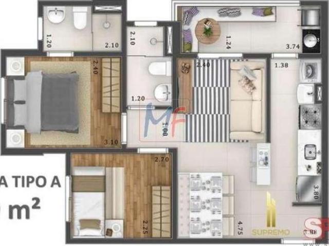 REF: 16.037 Lindo apto Vila Esperança, 49 m²a.u, 2 quartos 1 suíte sala, cozinha, varanda co