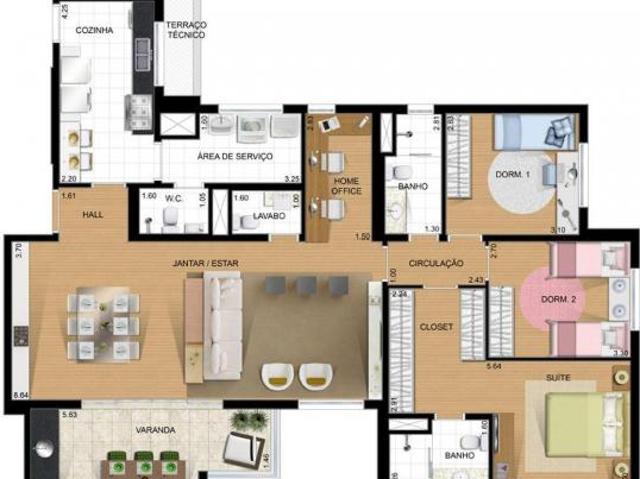 Região do Ecoville Mobiliado Apart. 3 quartos sendo 1 suite 2 vagas 131 m²