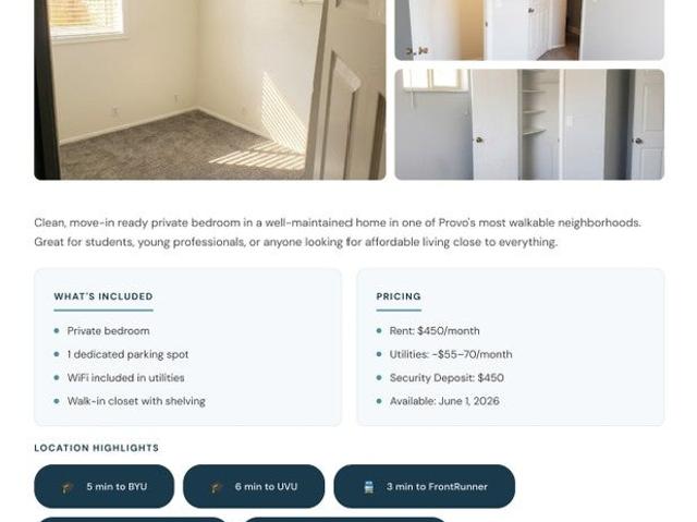 Room Available NOW $mo Near BYU & DT Provo!