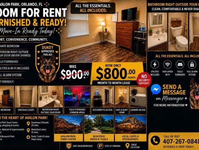 ROOM FOR RENT – AVALON PARK, ORLANDO, FL