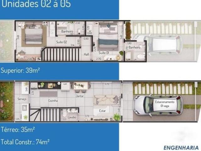 Sobrado 2 Suítes, 74m², Quintal,1 Vaga de Garagem Pontal Santa Marina