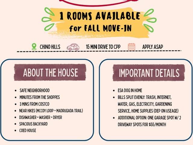 STUDENTS ONLY Room Available in Chino Hills